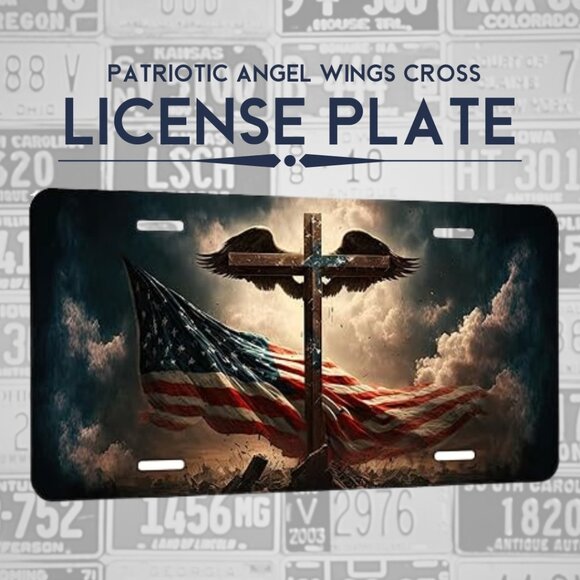 Accents | American Flag Cross License Plate Patriotic Angel Wings Cross ...